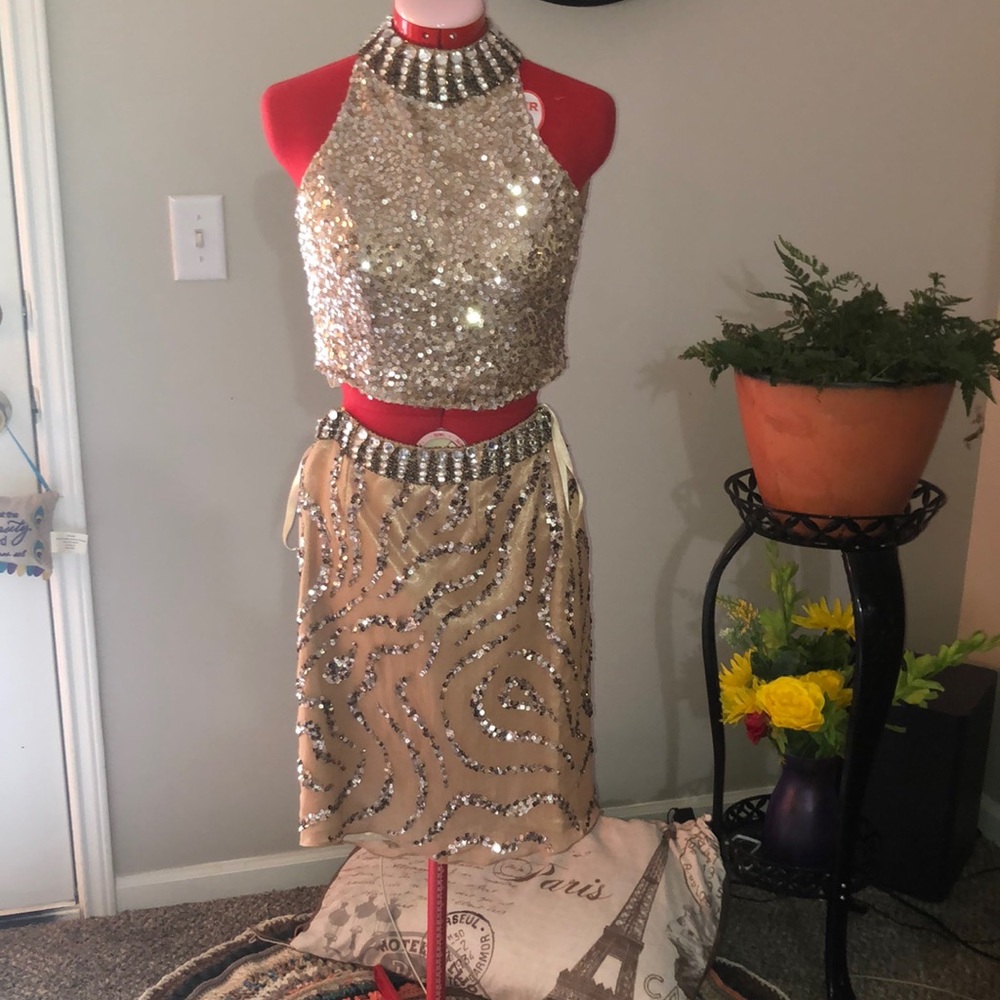 Clarice Two Piece Gold Sequin Gown Cocktail Dress - Gem